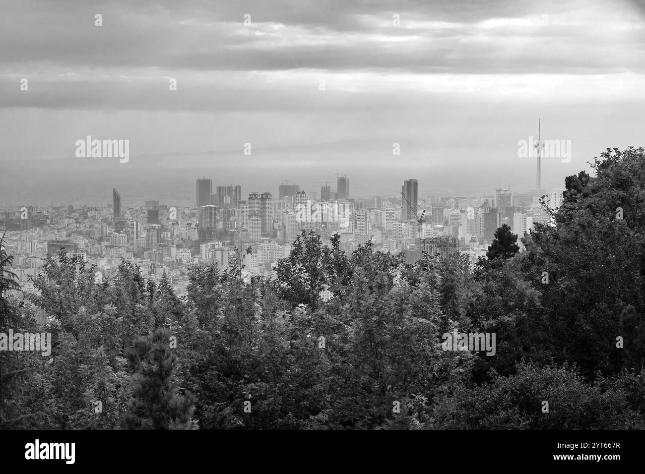 Tehran cityscape with the Milad Tower on the right and high-rise ...