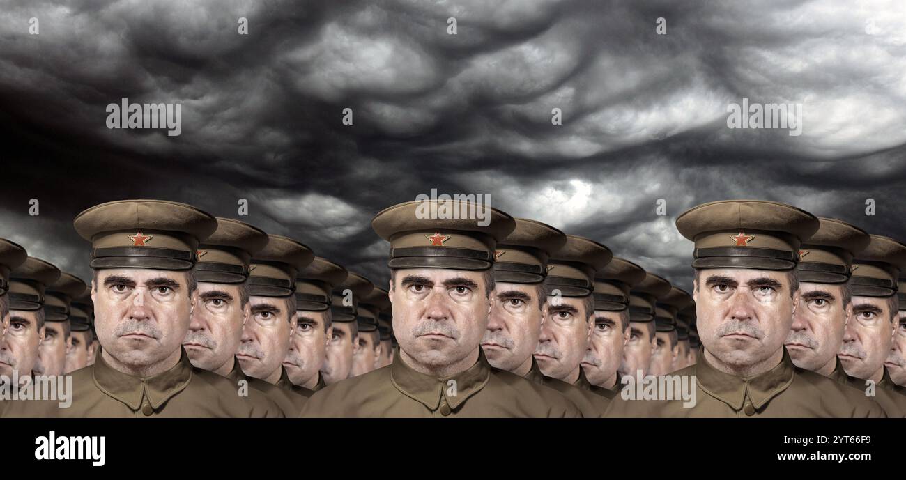 A formation of identical soldiers stands under the clouds Stock Photo ...