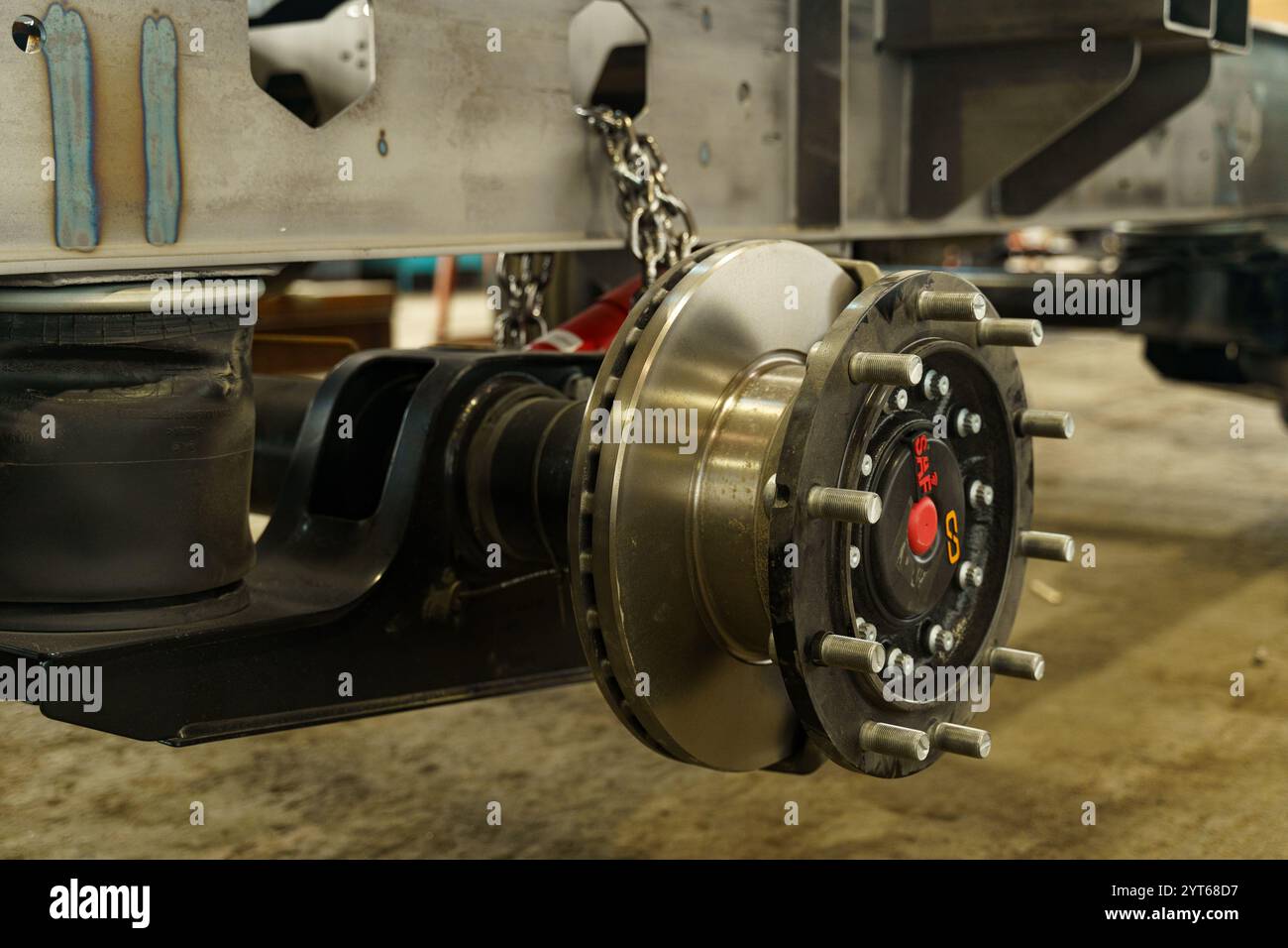 Minsk, Belarus - June 24, 2024: Close look at a trailer braking system ...