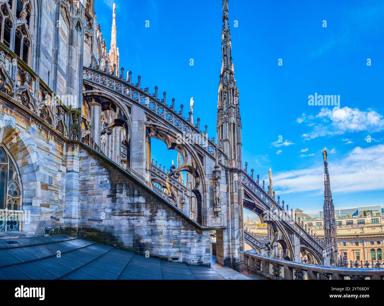 The Gothic flying buttresses, adorned with intricate carvings ...