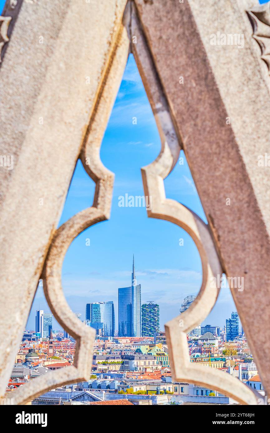 The view through the decorative elements of Milan Cathedral of Milan ...
