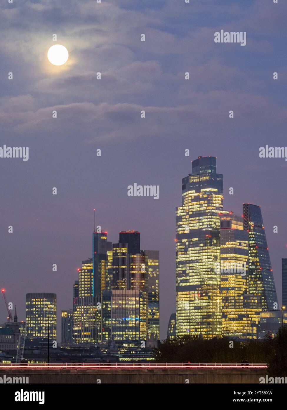 Skyline of the City of London, Nighttime with Moon, London, England, UK ...