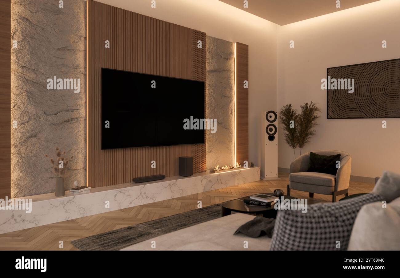 The image presents a contemporary living room in warm, neutral tones. A ...