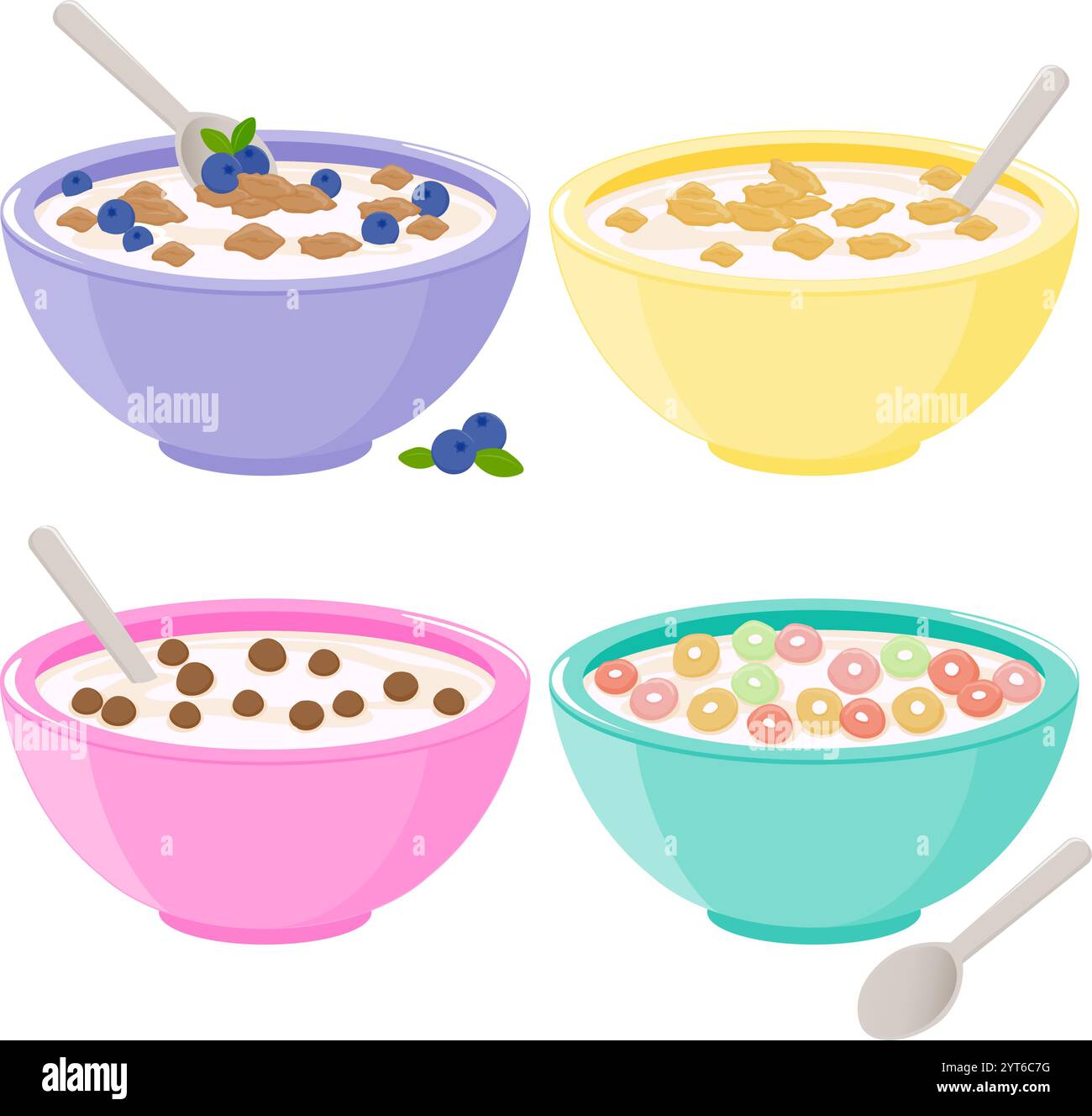 Bowls of breakfast cereal. Cereal breakfast bowl set, cornflakes with ...