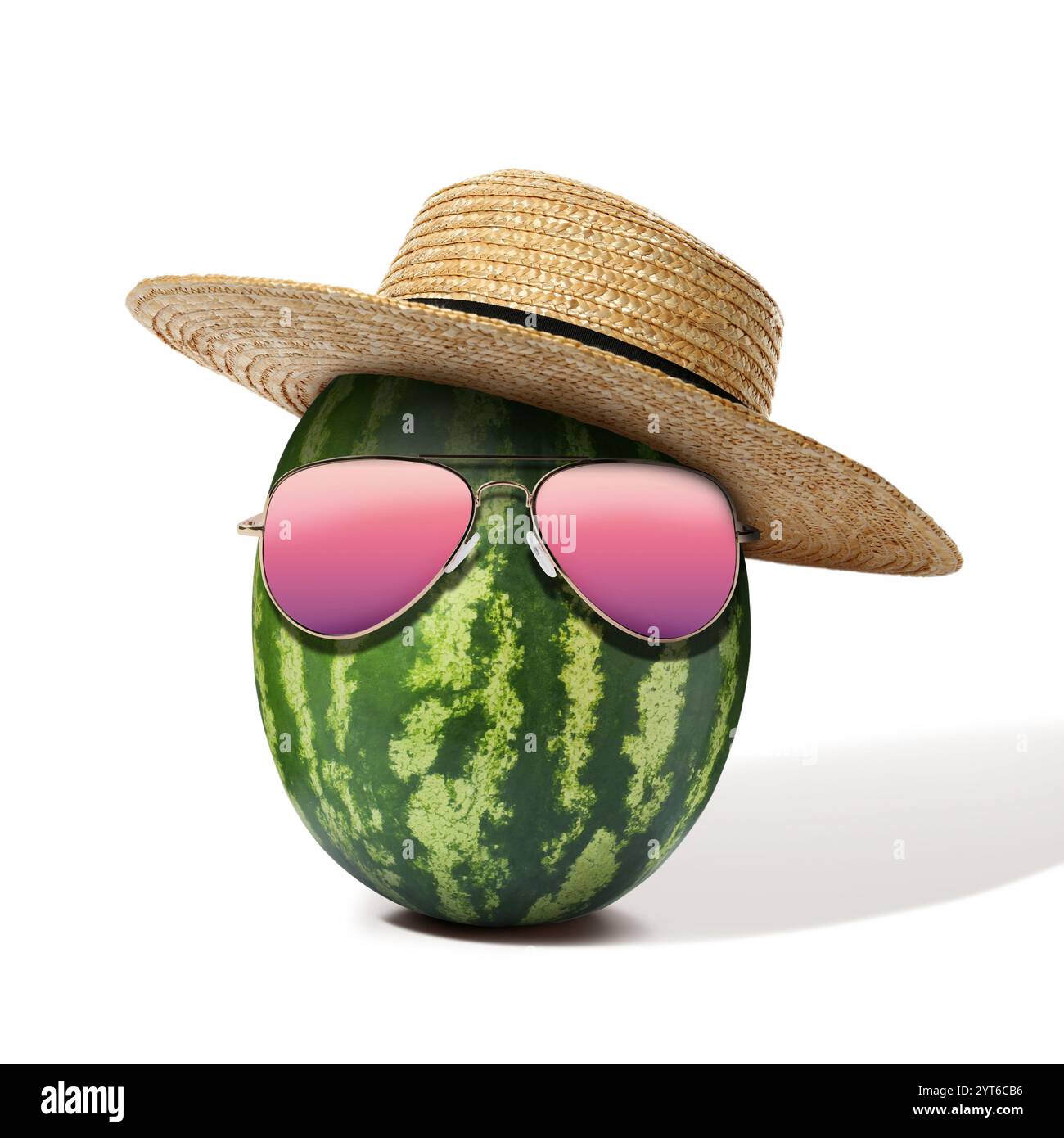 Watermelon with straw hat and sunglasses on white background Stock ...