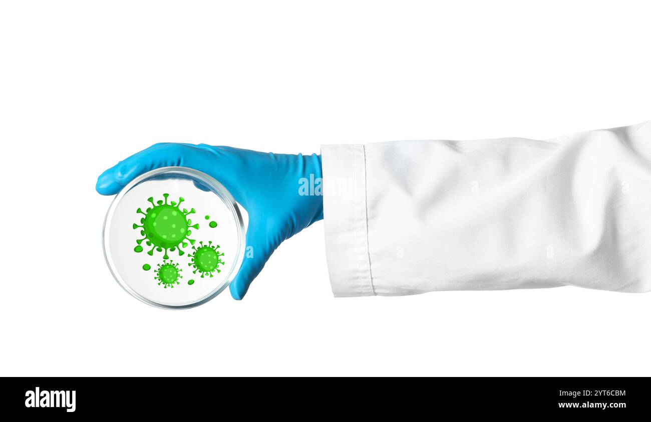 Scientist holding Petri dish with microbes on white background, closeup ...