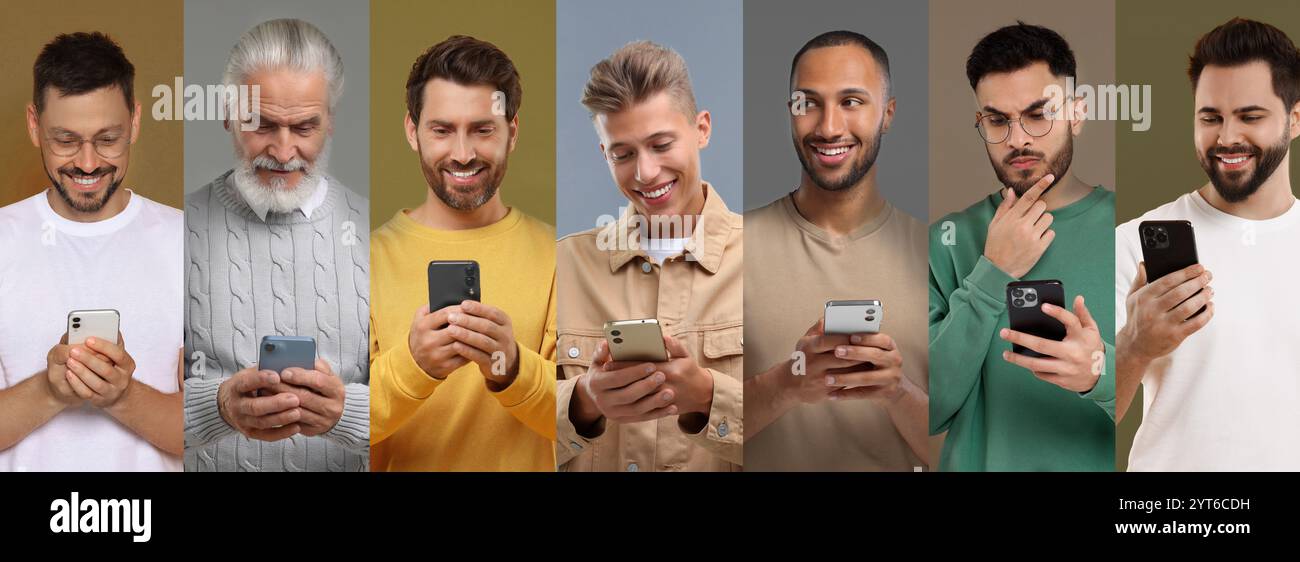 Men using mobile phones on different colors backgrounds. Collage of ...