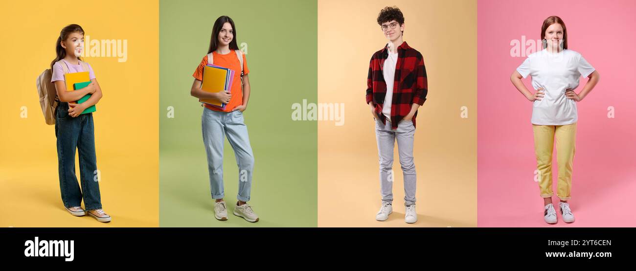 Teenagers on different colors backgrounds. Collage of portraits Stock ...
