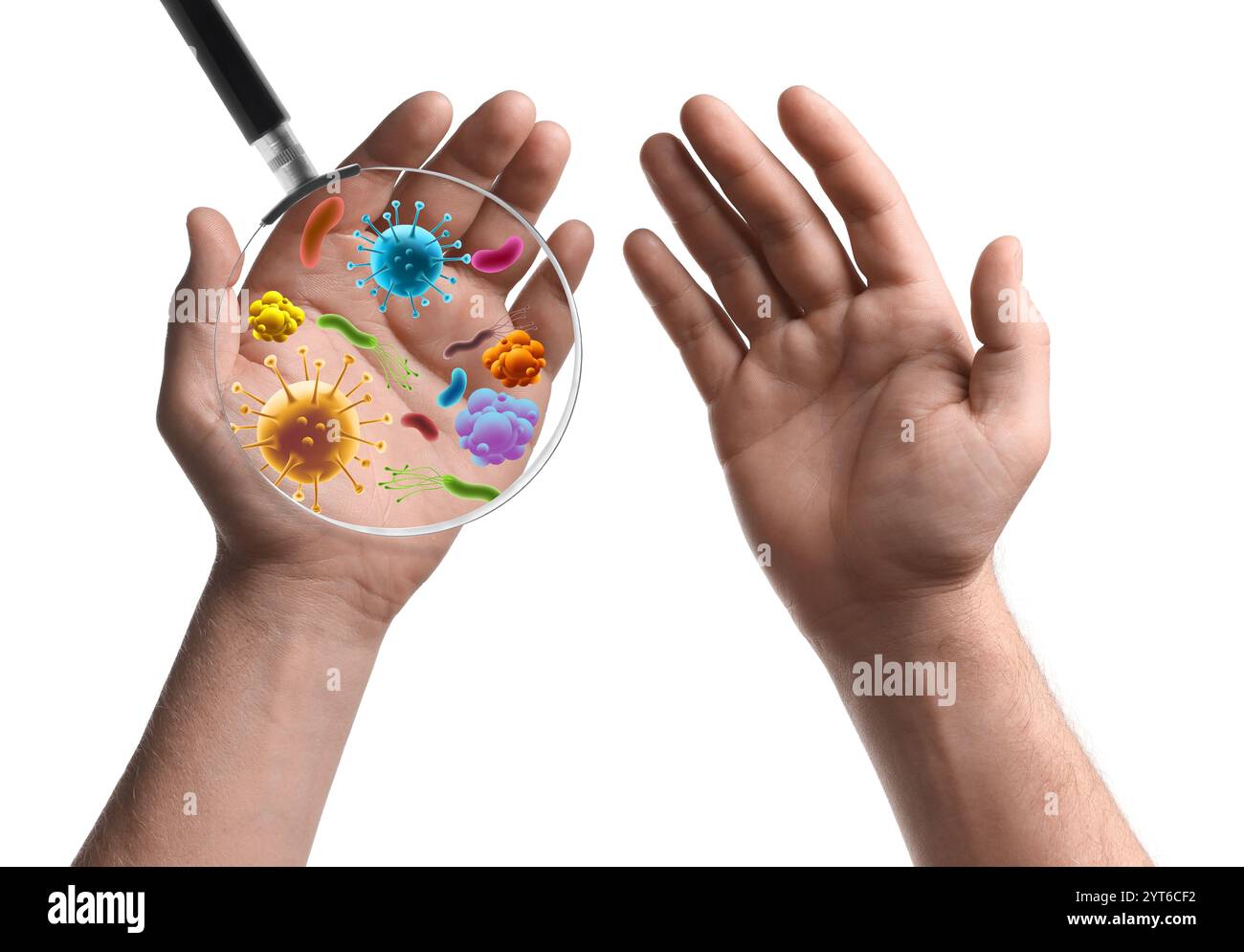 Man showing hands on white background, closeup. Microbes on palm, view ...