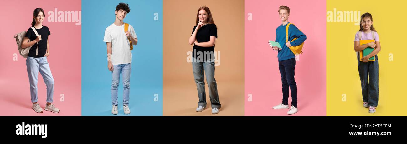 Teenagers on different colors backgrounds. Collage of portraits Stock ...