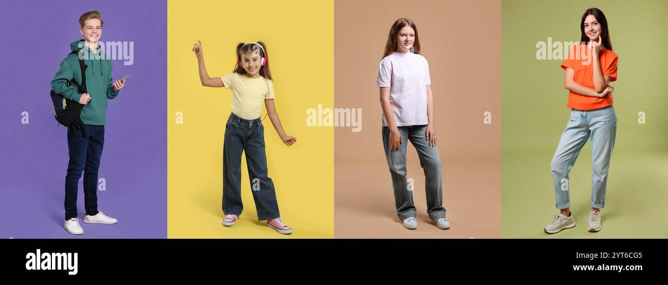 Teenagers on different colors backgrounds. Collage of portraits Stock ...