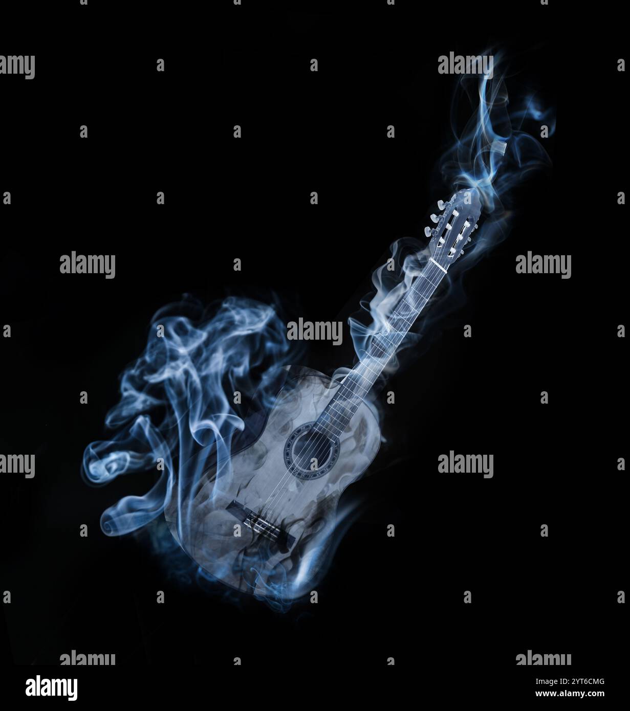 Acoustic guitar in smoke on black background. Creative poster Stock ...