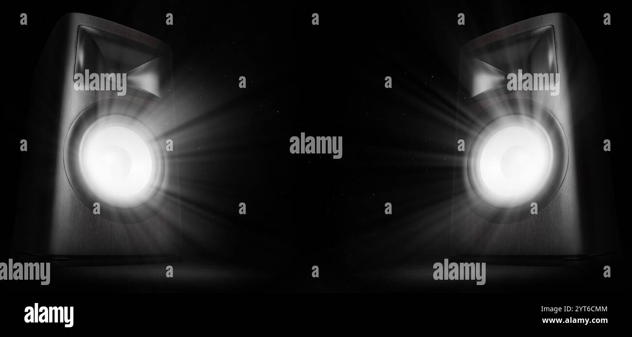 Light rays coming out of sound speakers on black background, banner ...