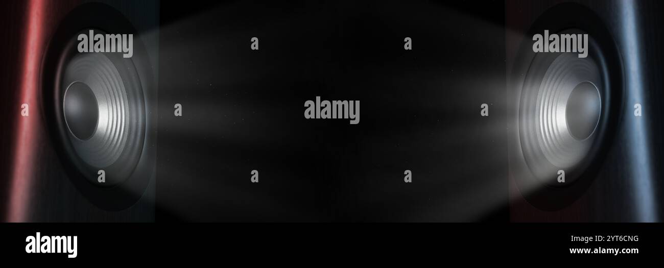 Light rays coming out of sound speakers on black background, banner ...