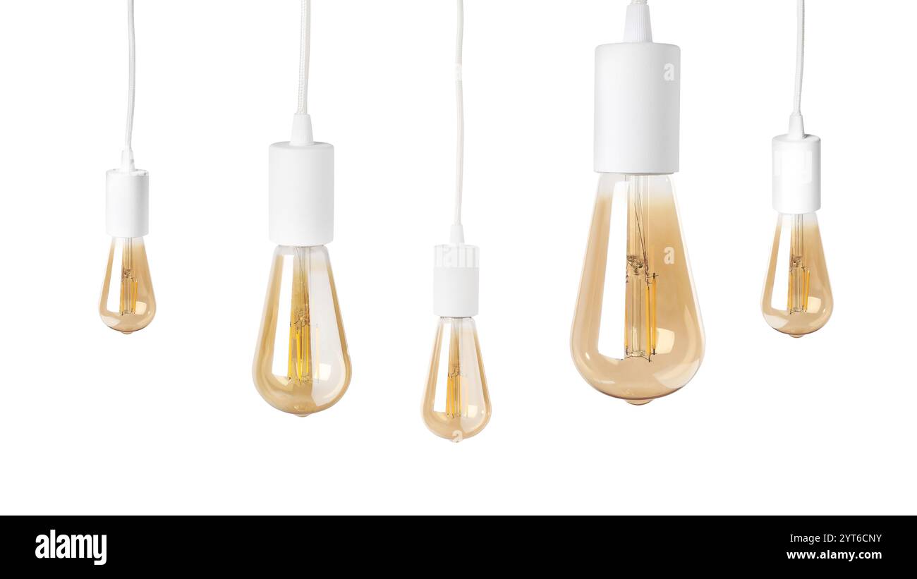 Light bulbs hanging on white background. Banner design Stock Photo - Alamy
