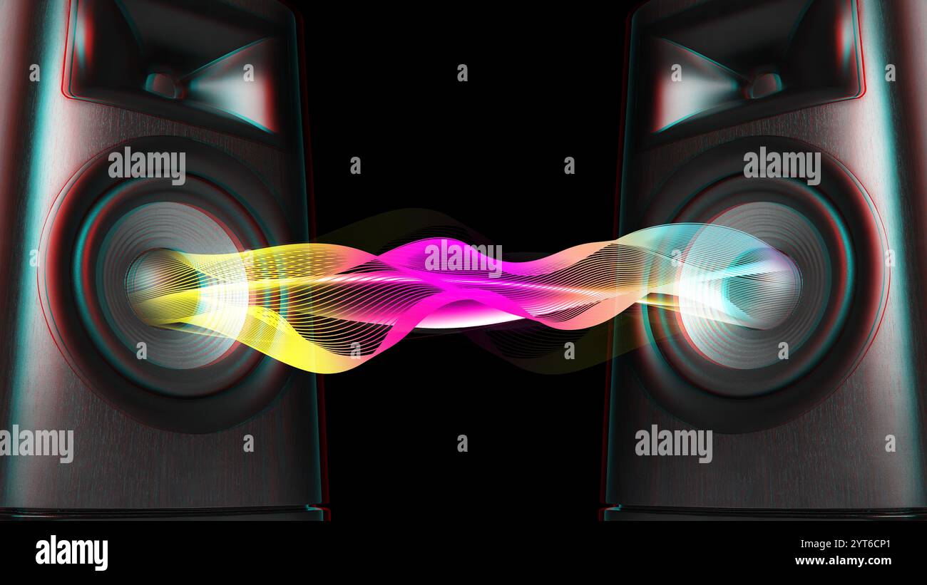 Sound waves between loudspeakers on black background, banner design ...