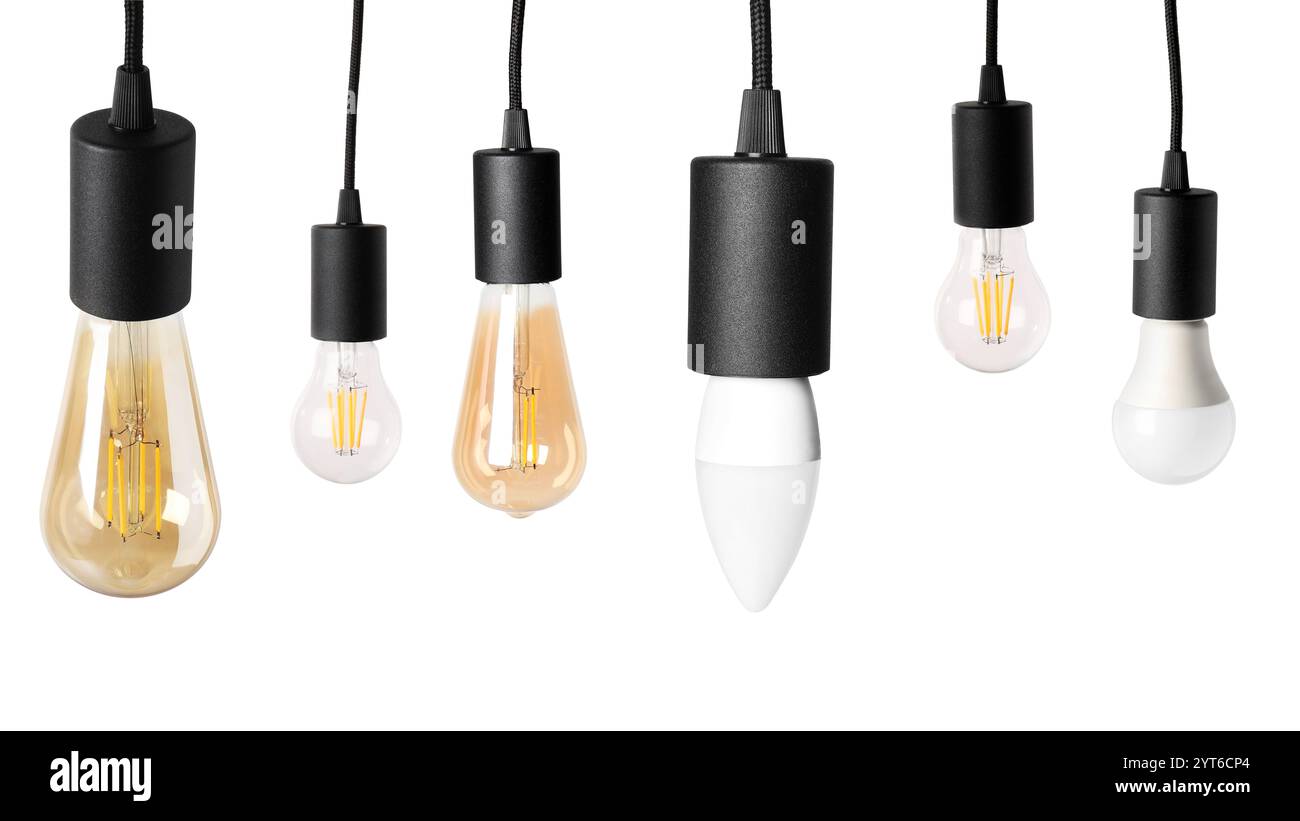 Different light bulbs hanging on white background. Banner design Stock ...