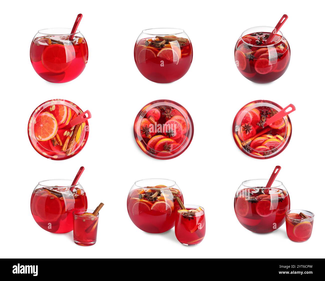 Tasty punch drink in glass bowl isolated on white, collage Stock Photo ...