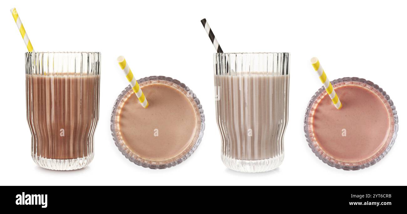 Protein shakes of different flavors in glasses isolated on white ...