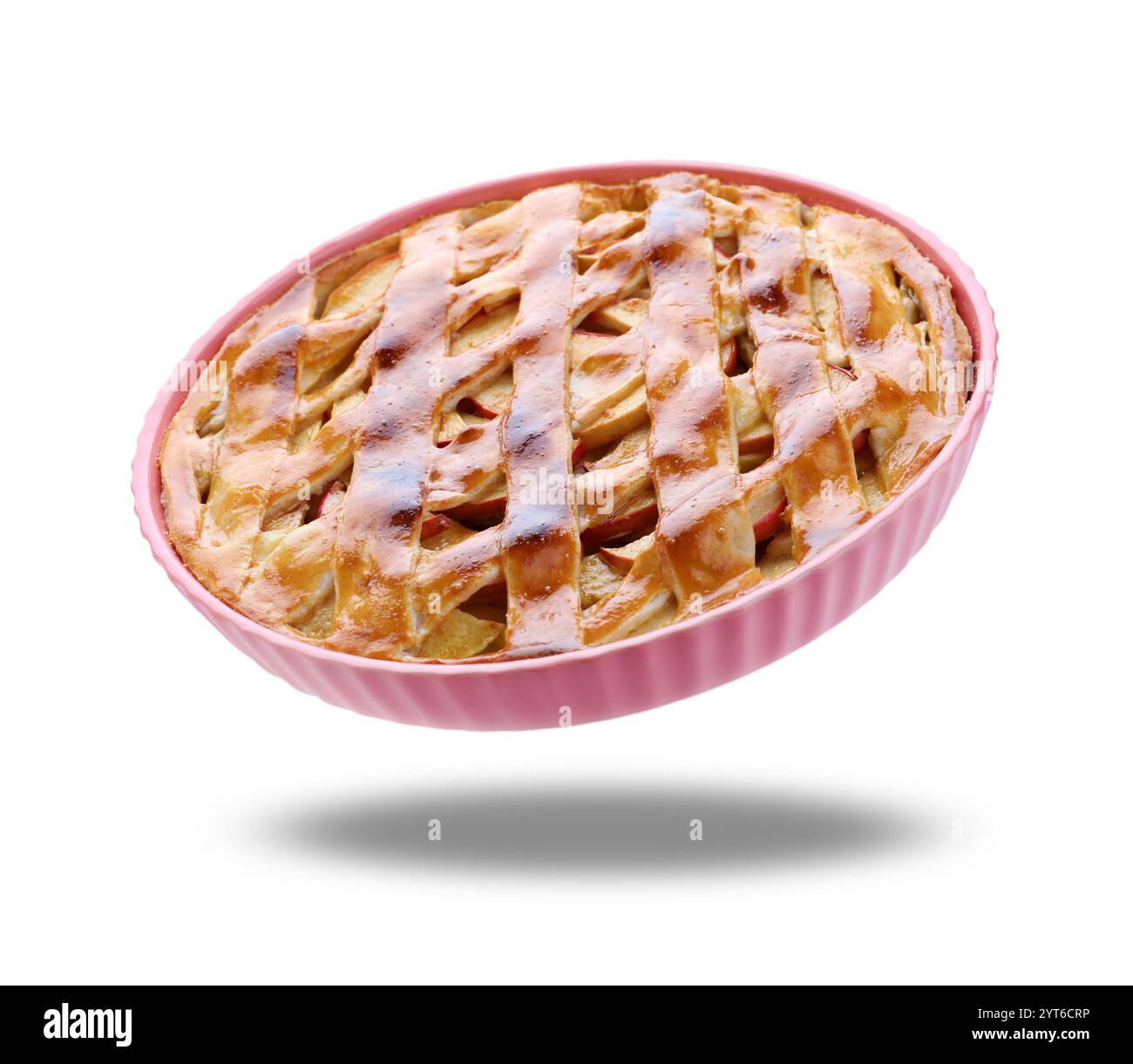 Delicious traditional apple pie in air on white background Stock Photo ...