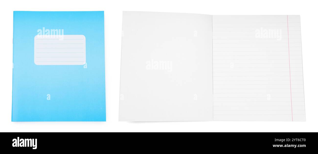 Open and closed notebook on white background. School stationery Stock ...