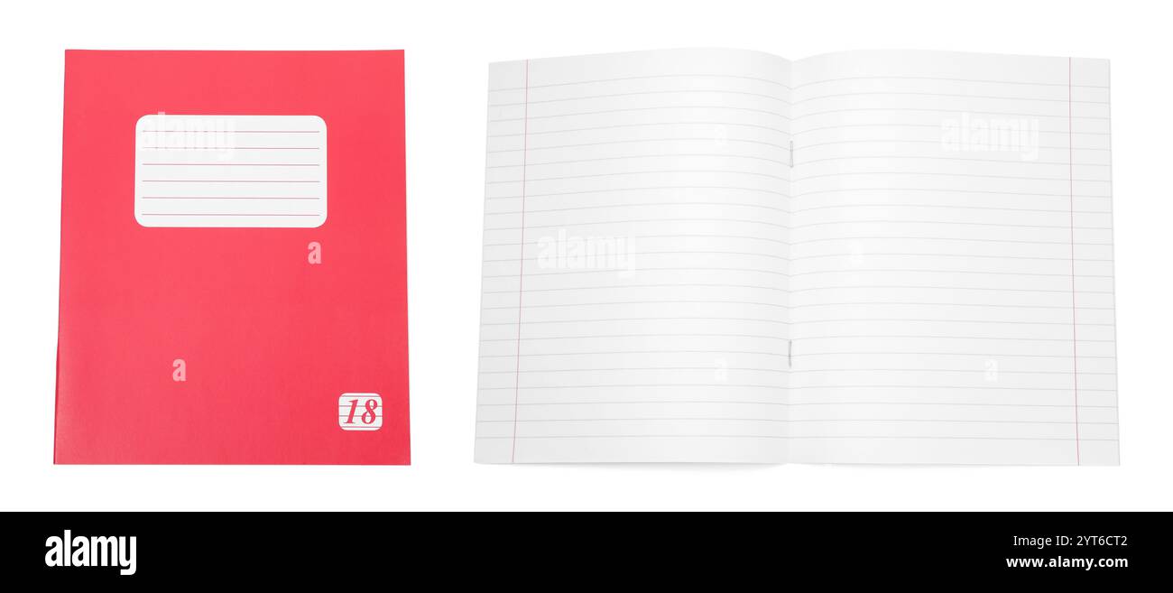 Open and closed notebook on white background. School stationery Stock ...