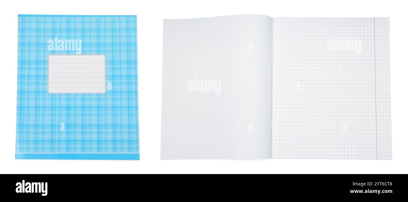 Open and closed notebook on white background. School stationery Stock ...