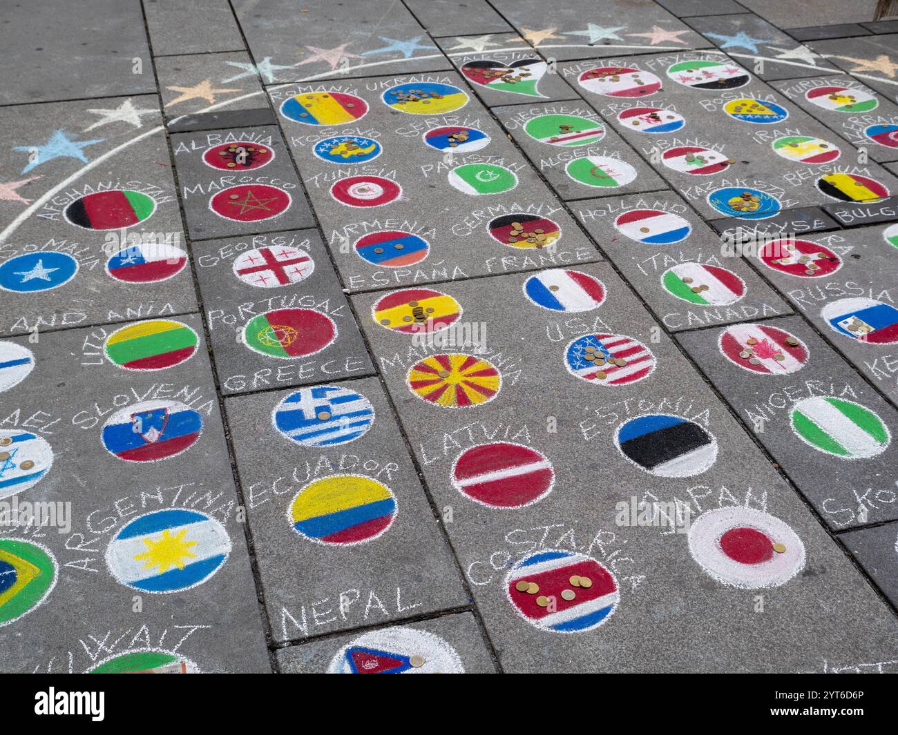 Chalk Art on the Pavement, Mosaic of Nations with International Flags ...