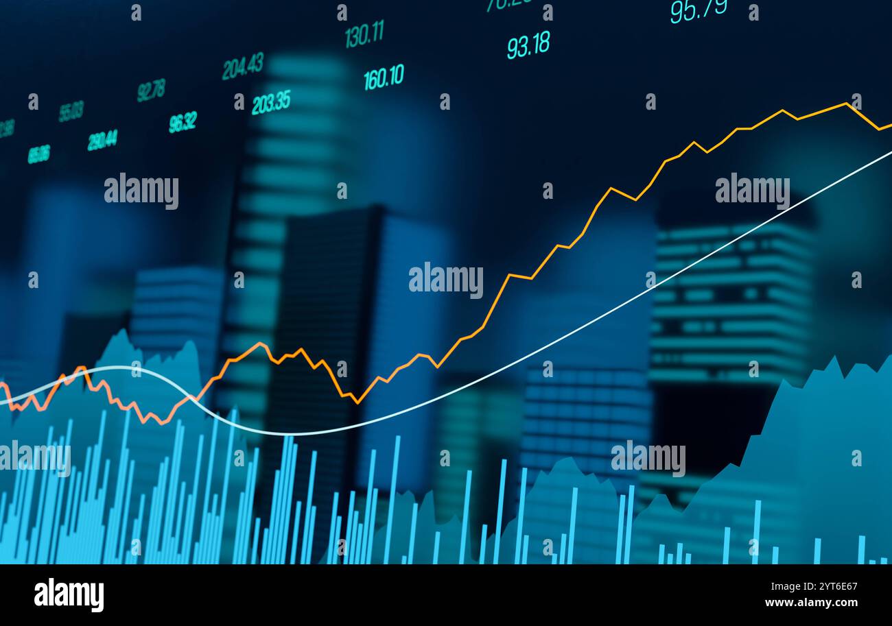 Stock market and exchange concept with skyline, bar graph, chart and ...