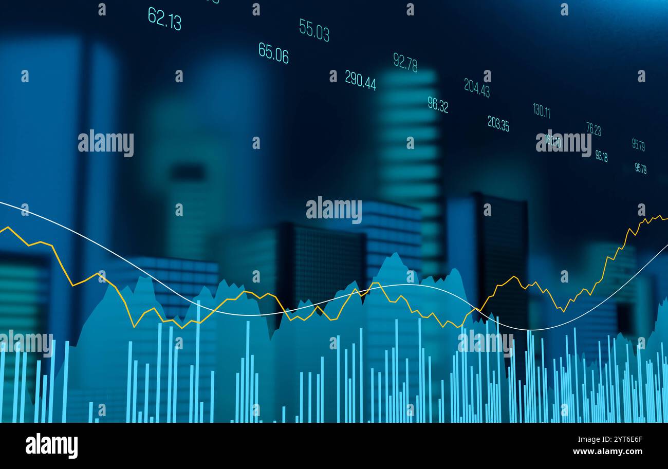 Stock market and exchange concept with skyline, bar graph, chart and ...