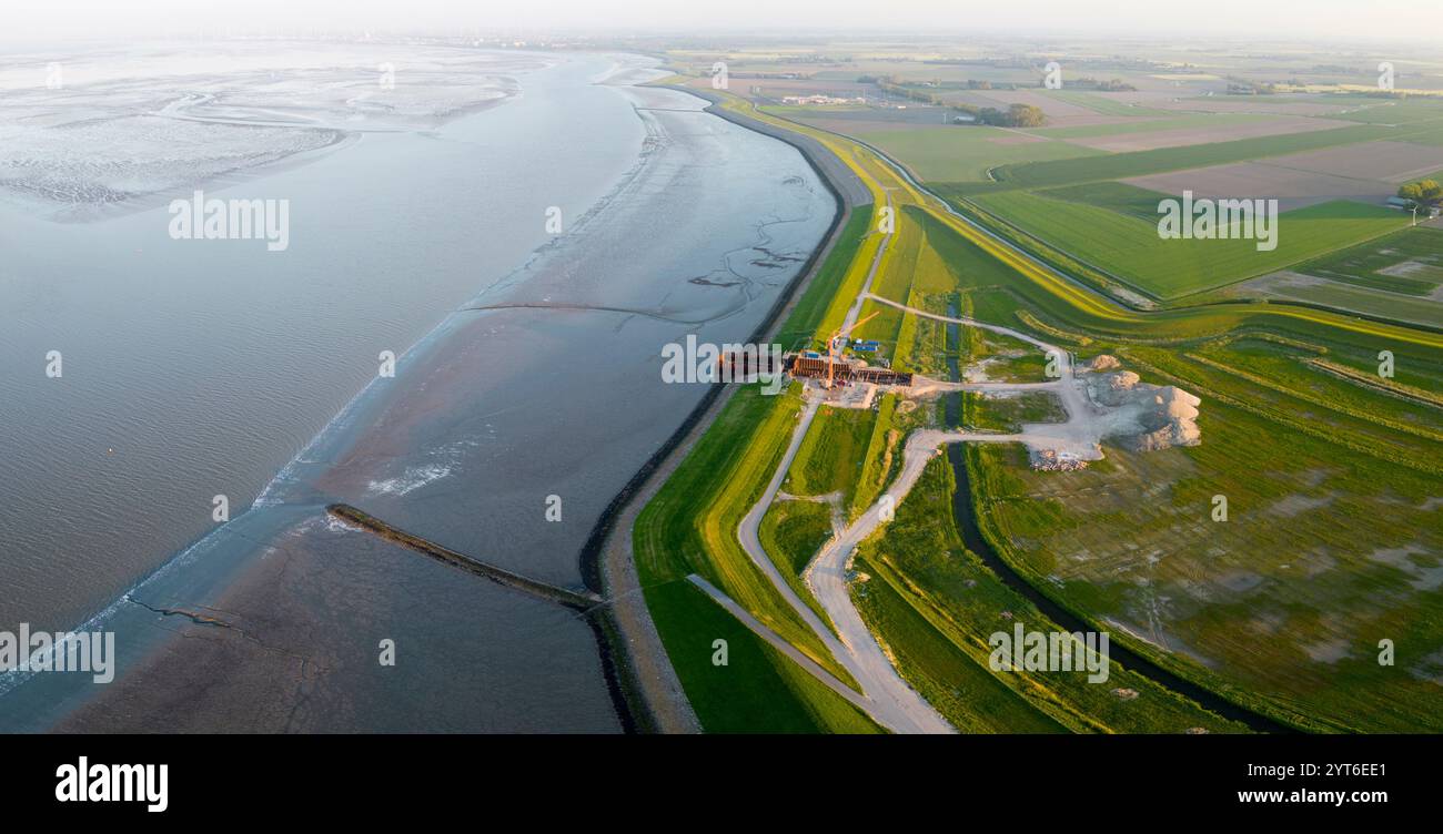Aerial view of the construction of a tidal inlet. When finished this ...