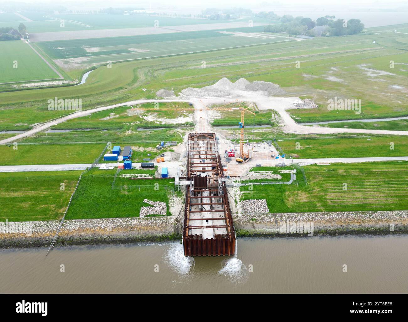 Aerial view of the construction of a tidal inlet. When finished this ...