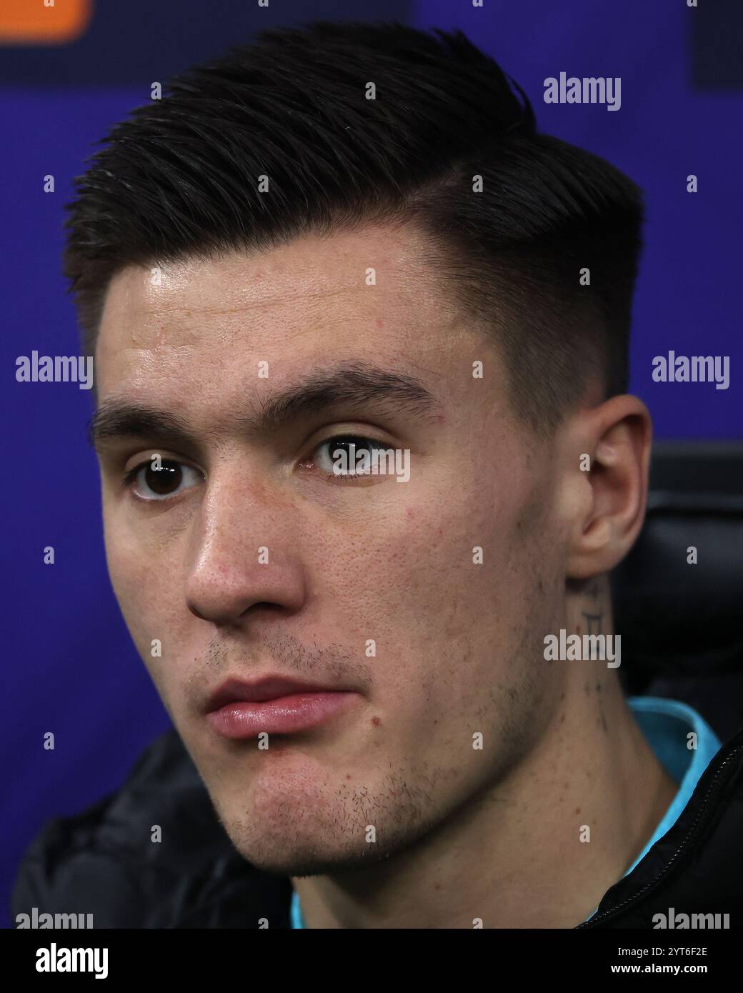 Milan, Italy, 26th November 2024. Benjamin Sesko of RB Leipzig looks on ...