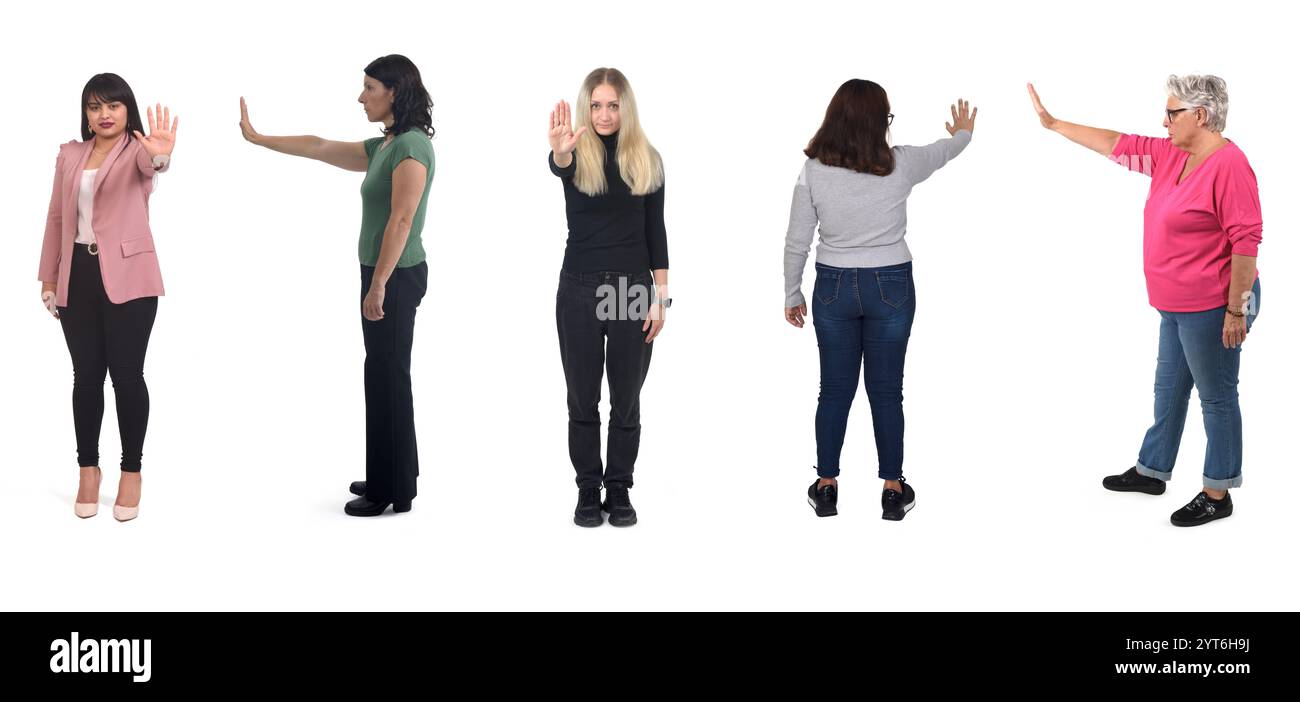 group of various woman showing the stop sign with their hands on white ...