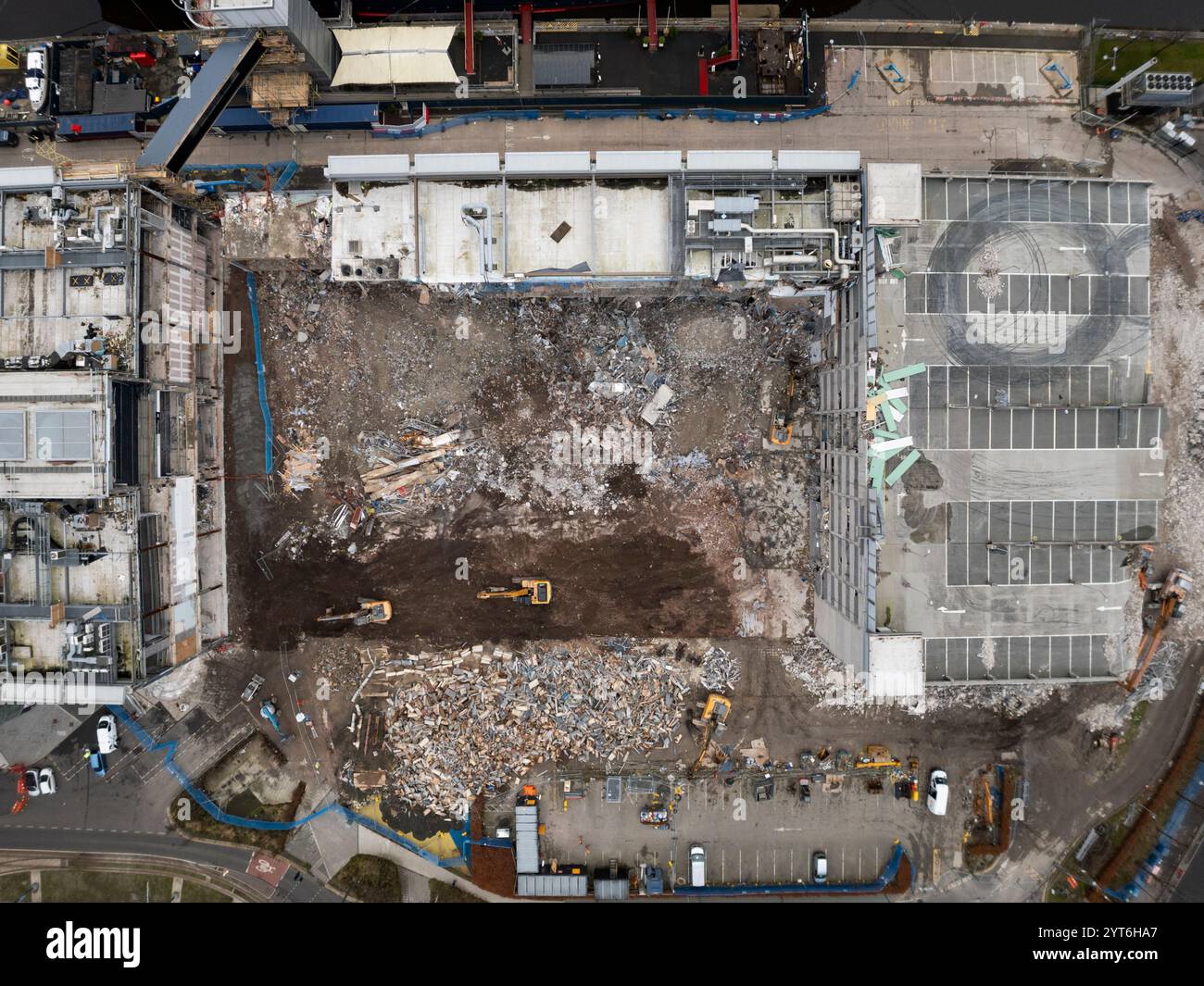 Aerial view of demolition of multi story car park at Ocean Terminal in ...