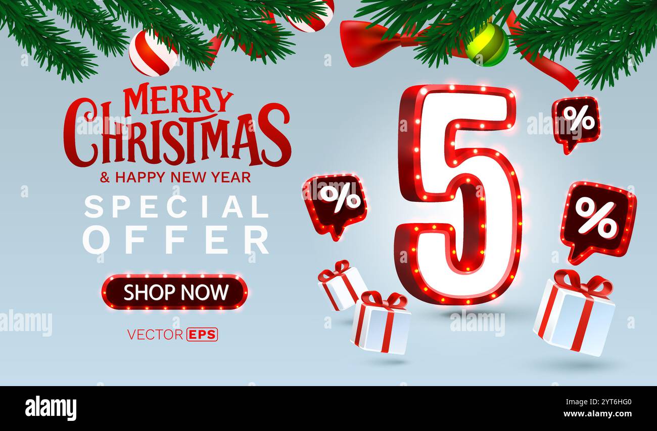 Merry Christmas, 5 percent Off discount. Sale banner and poster. Vector ...