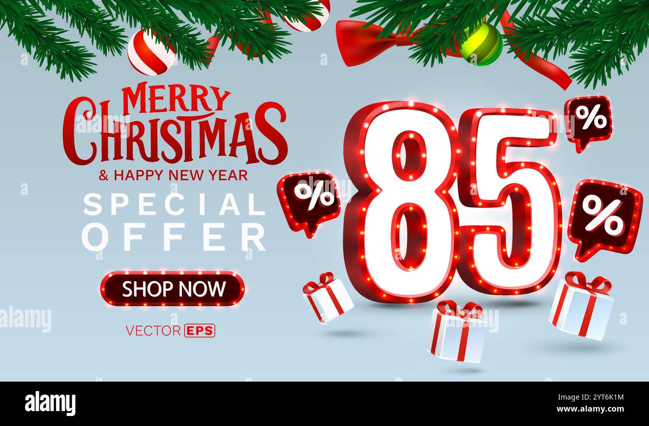 Merry Christmas, 85 percent Off discount. Sale banner and poster ...