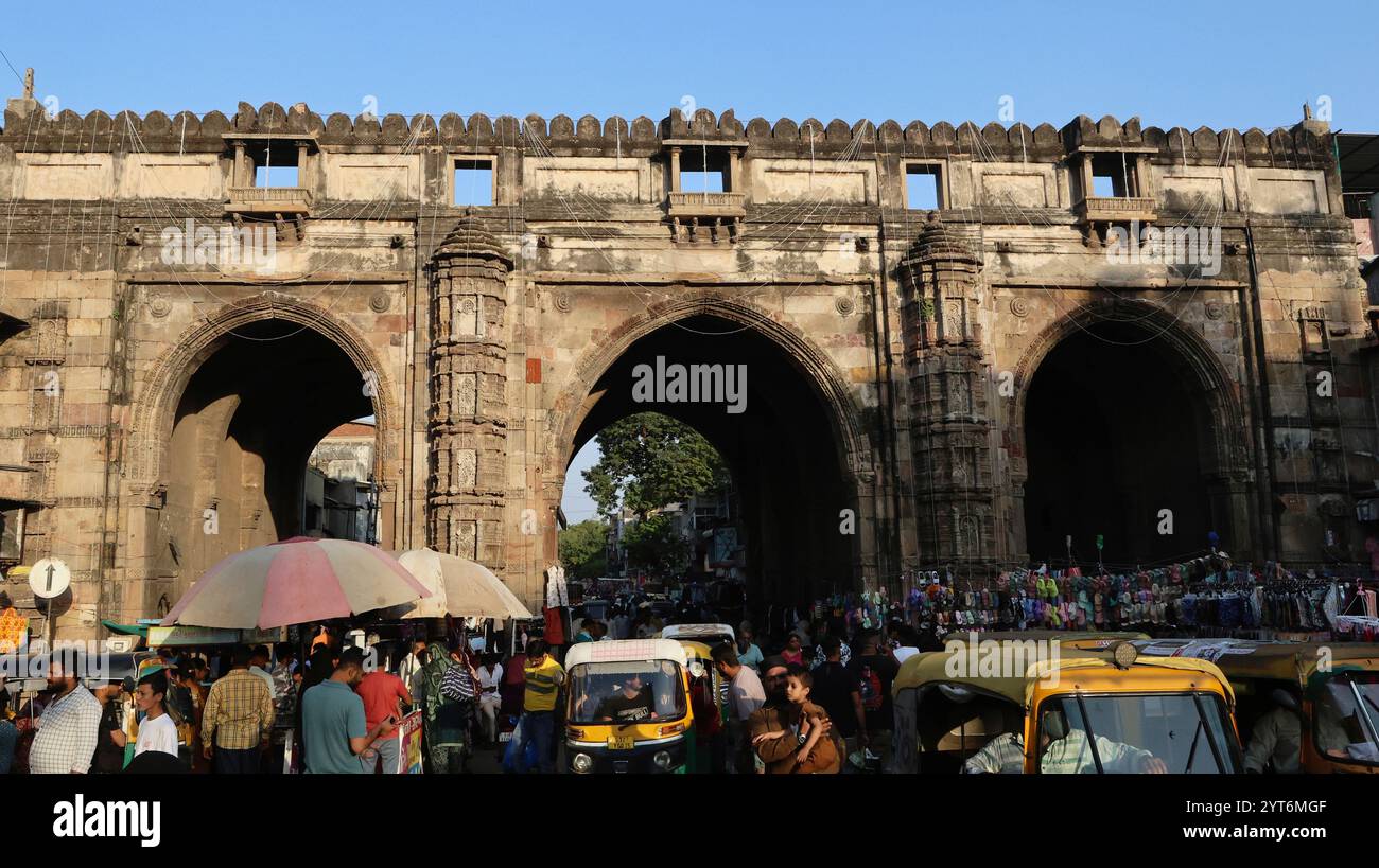 India, Gujarat, Ahmedabad, Arches of Teen Gate in the Lal Darwaja ...