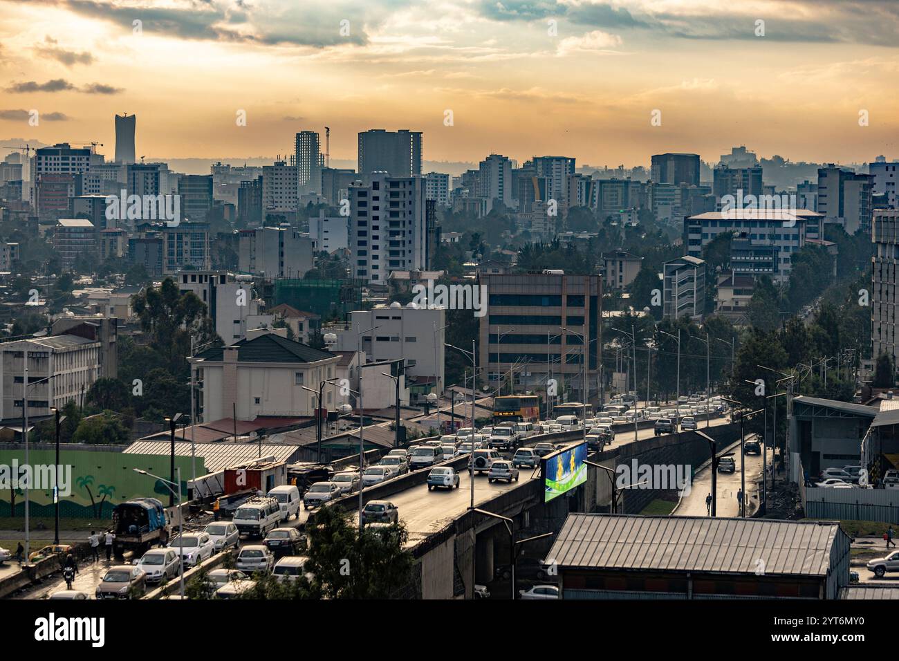 High angle view of the African city of Addis Ababa, Ethiopia at sunset ...