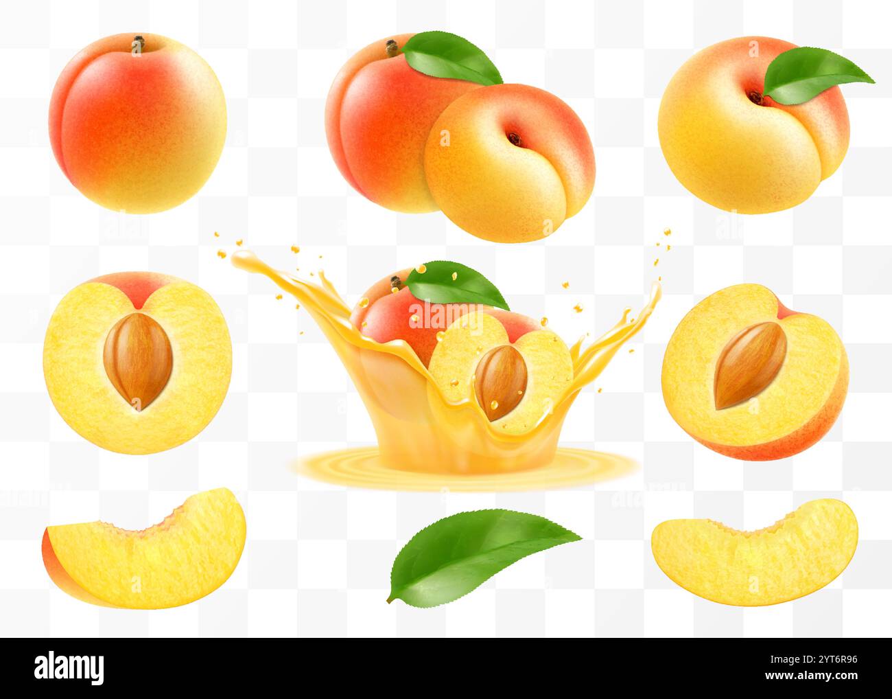 Ripe apricot fruits set. Half, whole and slice of juicy apricot ...