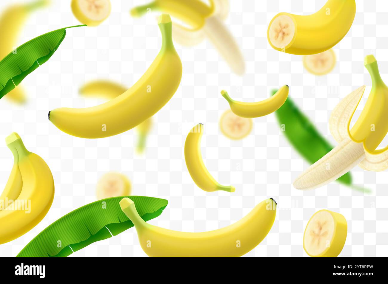 Banana background. Flying bananas are peeled and banana bunches ...