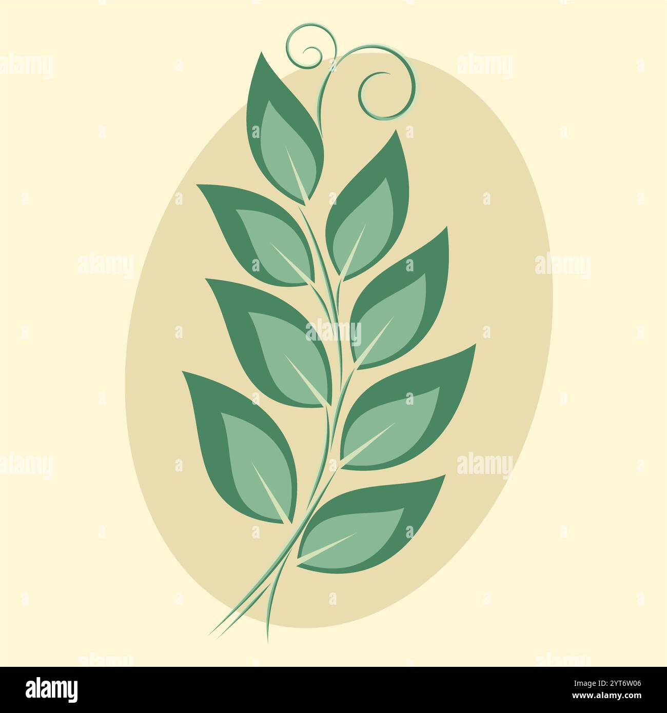 green leaf branch with thin curved stem and swirl on top on light ...