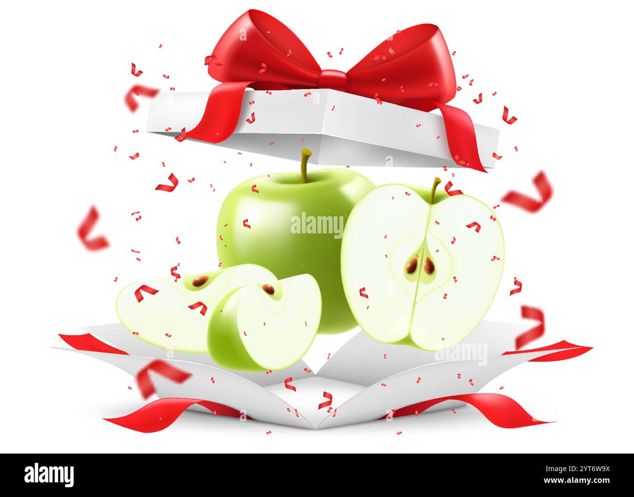 Green ripe juicy apple in open gift box with a red bow isolated on ...