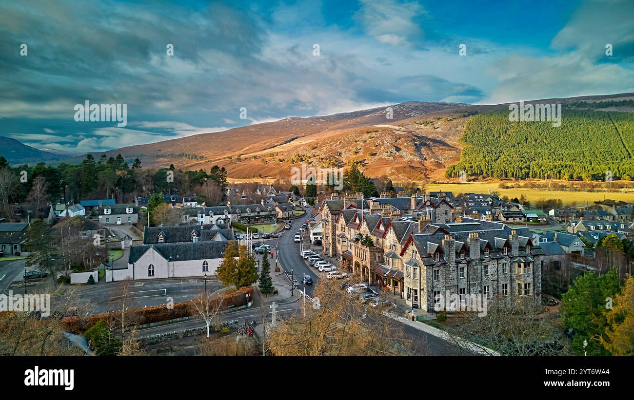 Braemar Aberdeenshire Scotland winter sunshine a blue sky over Mar Road ...