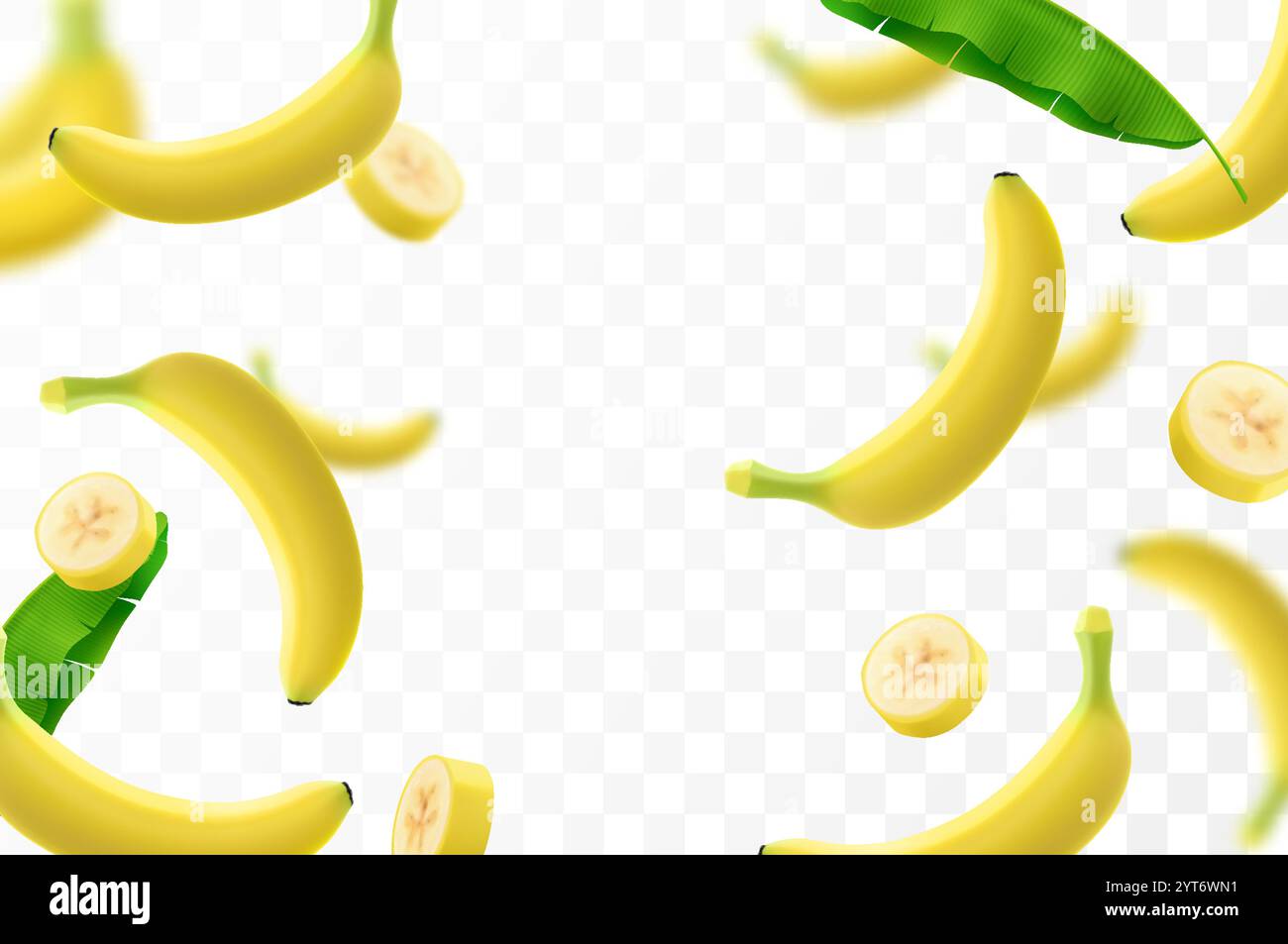 Banana background. Flying bananas are peeled and banana bunches. Unfocused and blurry effect ...