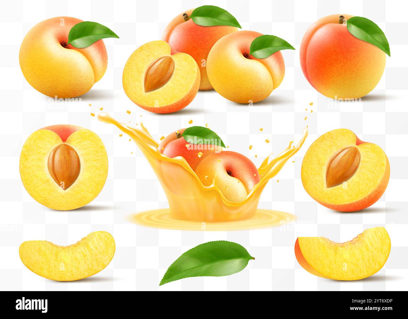 Ripe peaches fruits set. Half, whole and slice of juicy peach, peach in ...