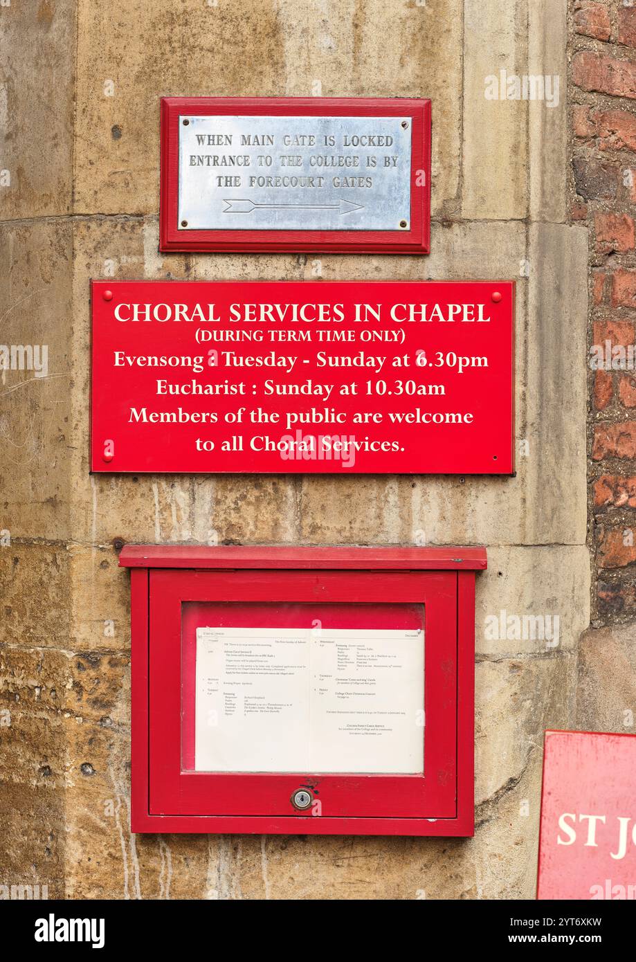 Entrance notice at St John's college, University of Cambridge, England ...