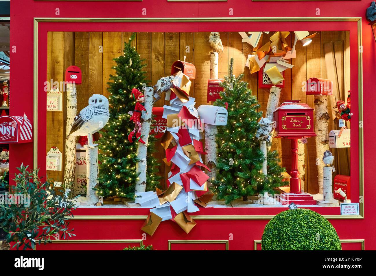 Christmas trees and decorations with festive window displays Stock ...