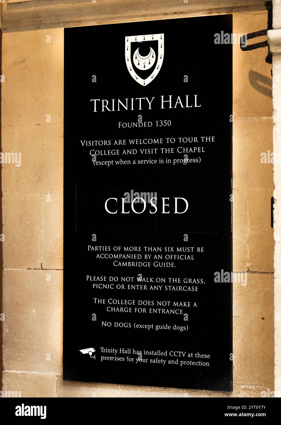Notice at entrance to Trinity Hall College, University of Cambridge ...