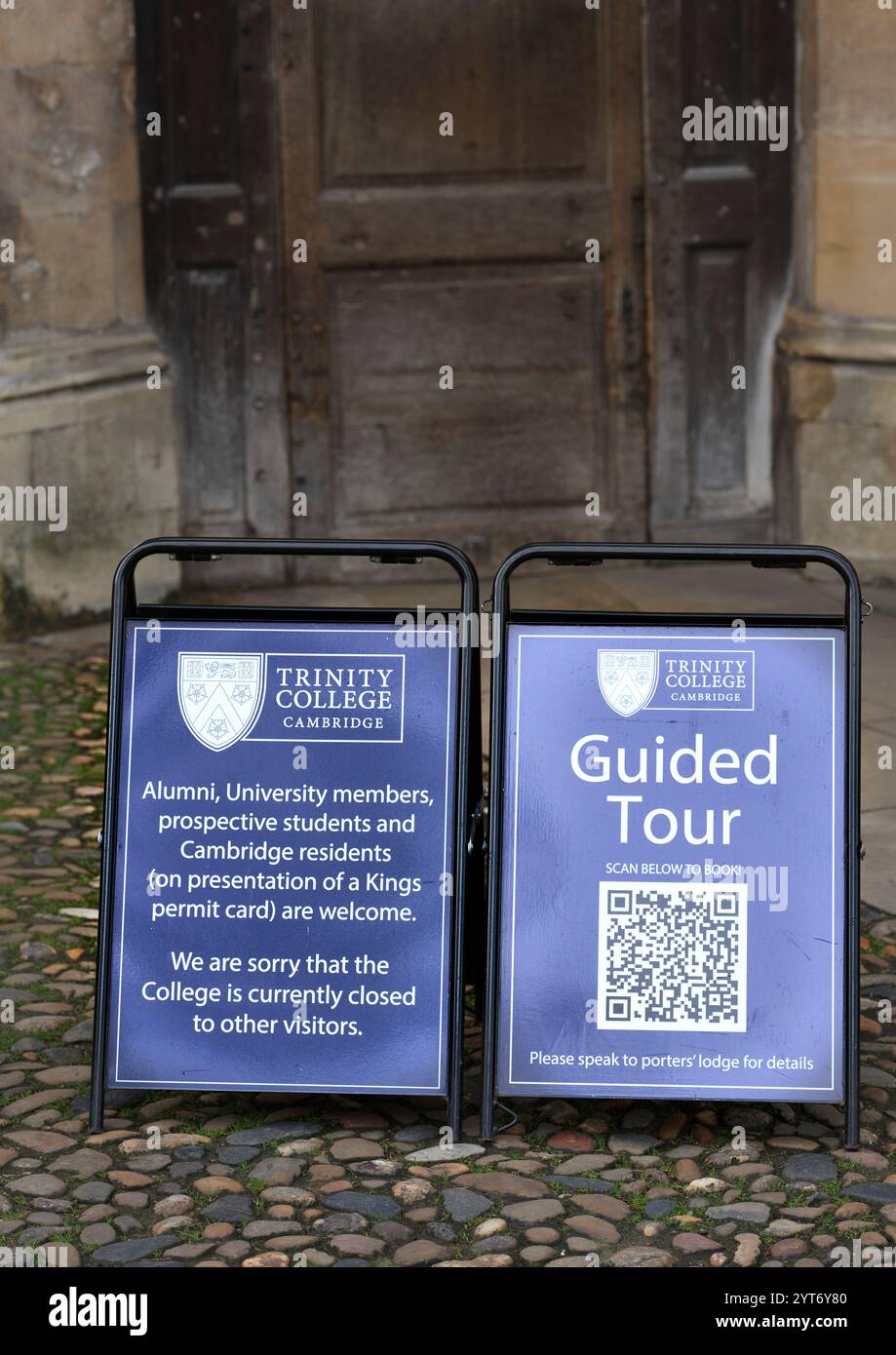 Entrance notices at Trinity College, University of Cambridge, England ...